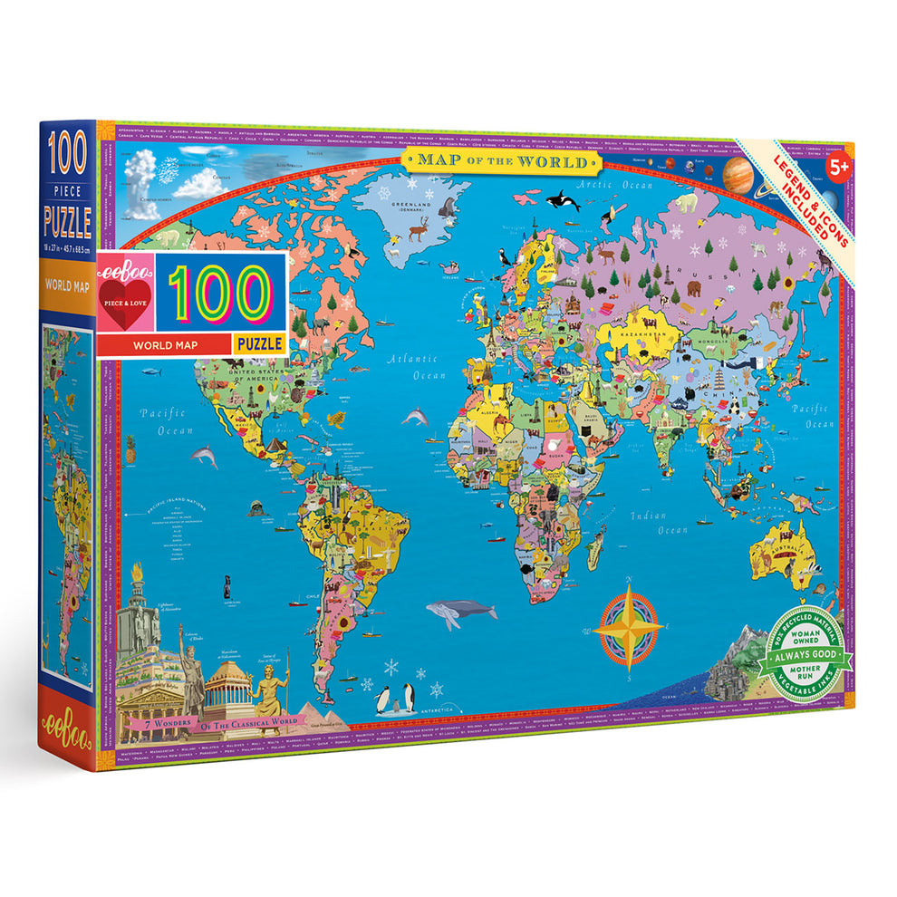 World Map Educational 100 Piece Puzzle by eeBoo Gifts for Kids Ages 5+